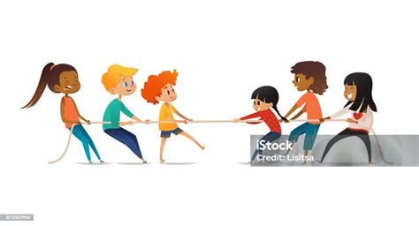 흥분된 남자와 밧줄을 당기는 여자 두 아이 팀 사이의 줄다리기 대회입니다 아이 들을 위한 스포츠 활동의 개념입니다 재미 있는 만화 캐릭터 흰색 배경에 고립입니다 벡터