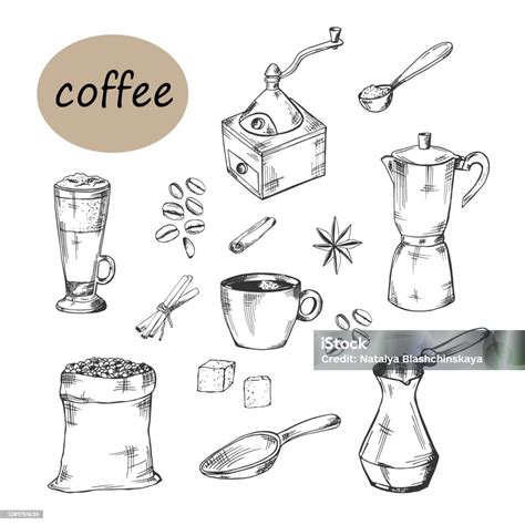 수제 커피 세트 터키 컵 숟가락 커피 콩 가방 커피 밀 커피 메이커 라떼 계피 스타 아니스 설탕 커피 콩세트 벡터 스케치 세트