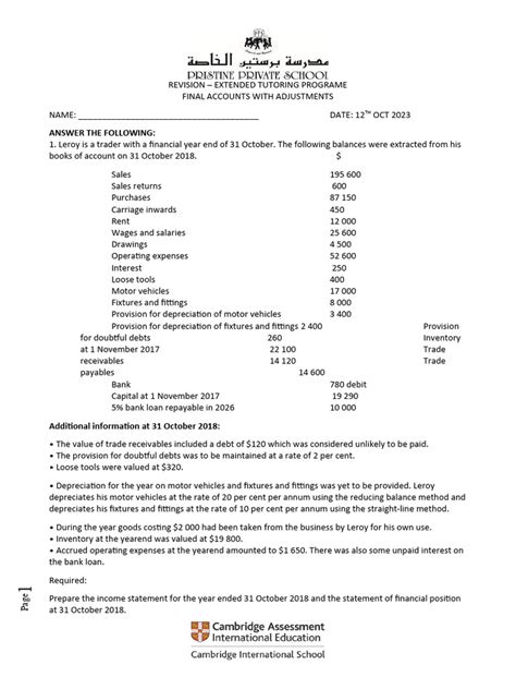 Igcse Extented Tutoring 2023 2024 Final Accounts Pdf Depreciation Debits And Credits