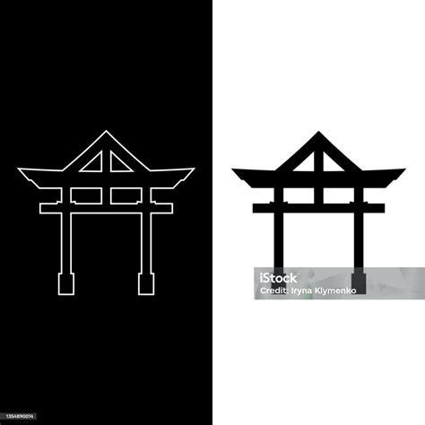 토리이 게이트 표지판 일본 전통 문 일본 신토 종교의 상징 라인 아트 검은색 흰색 배경의 격리된 아이콘입니다 웹 사이트 포스터 카드에 대한 동양 아시아 로고 벡터