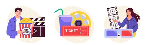 영화 세트입니다 팝 옥수수 소다 및 필름 릴 여자와 3d 안경을 가진 남자 영화 제작 및 산업 영화 및 시리즈 영화 플랫 벡터 컬렉션 0명에 대한 스톡 벡터 아트 및 기타
