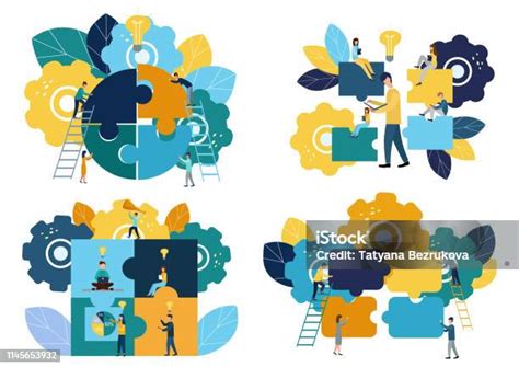 비즈니스 컨셉 팀 비유 퍼즐 요소를 연결 하는 사람들 벡터 일러스트 집합입니다 평면 디자인 스타일입니다 팀워크 협력 파트너십 새로운 아이디어 새로운 승리의 상징 개념에 대한