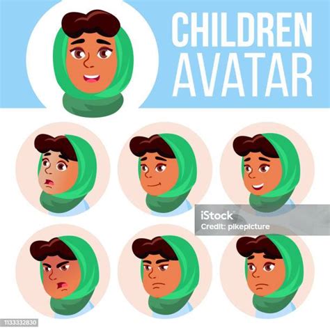 아랍 무슬림 소녀 아바타 세트 아이 벡터 초등 학교 얼굴 감정 감정 감정 친절 하 고 눈물 만화 머리 그림 개체 그룹에 대한 스톡 벡터 아트 및 기타 이미지 Istock
