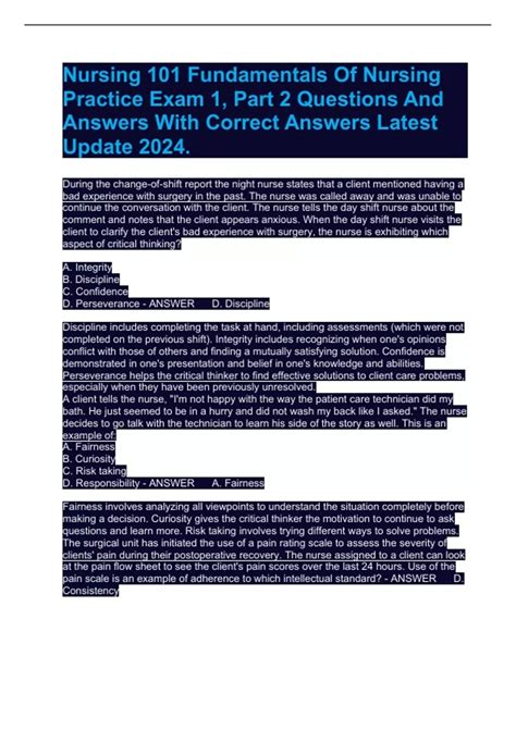 Nursing 101 Fundamentals Of Nursing Practice Exam 1 Part 2 Questions And Answers With Correct