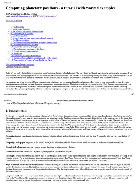 Computing Planetary Positions A Tutorial With Worked Examples Pdf Apsis Orbit