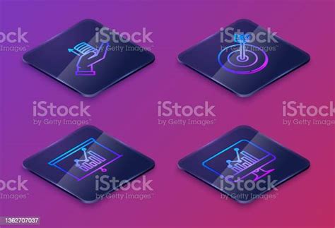그래프 차트와 함께 Isometric 라인 머니 그래프 차트 대상 및 컴퓨터 모니터와 보드 파란색 정사각형 버튼 벡터 3차원 형태에 대한 스톡 벡터 아트 및 기타 이미지