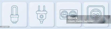 세트 라인 Led 전구 전기 콘센트 전기 플러그 및 전기 콘센트 흰색 정사각형 버튼 벡터 0명에 대한 스톡 벡터 아트 및 기타