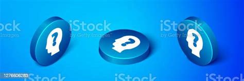 파란색 배경에 격리 된 물음표 아이콘이있는 등색 인간 머리 파란색 원 버튼입니다 벡터 3차원 형태에 대한 스톡 벡터 아트 및 기타 이미지 3차원 형태 가공의 인물