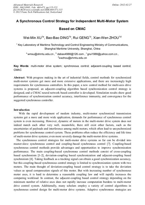 A Synchronous Control Strategy For Independent Multi Motor System Based On Cmac Scientific Net