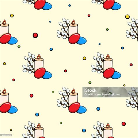 버드나무 가지와 색깔 있는 달걀을 곁들인 부활절 촛불 축제 완벽 한 패턴 포장지 인쇄 직물 인사말 카드에 대 한 벡터 일러스트 레이 션 4월에 대한 스톡 벡터 아트 및 기타