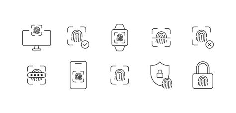 스캔 아이콘 세트 지문 인식 가는 선 아이콘 터치 Id 보안 암호 기호 문서 식별 벡터 Eps 10 프리미엄 벡터