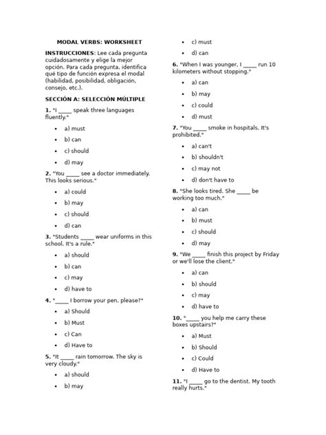 Modal Verbs Worksheet Once Pdf Semantics Morphology