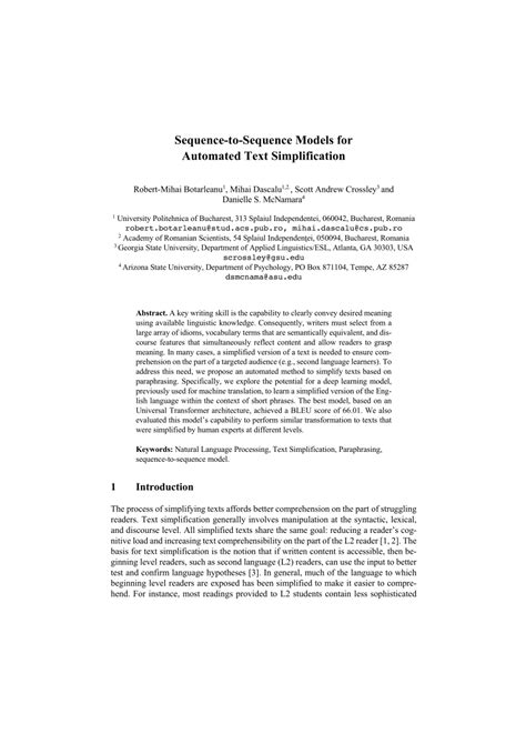 Pdf Sequence To Sequence Models For Automated Text Simplification