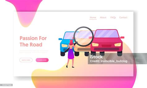 방문 페이지 템플릿을 구입하기 위해 자동을 선택하는 소비자 캐릭터 거대한 돋보기 운송 소매 서비스 차량 드라이버 시장을 통해