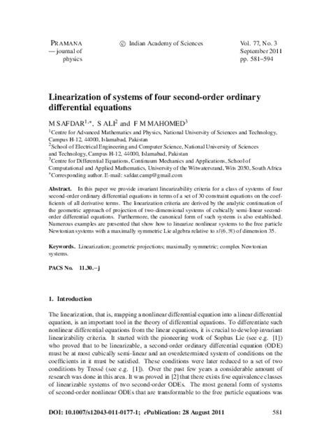 Pdf Linearization Of Systems Of Four Second Order Ordinary Differential Equations