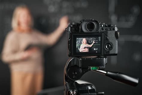 Premium Photo Woman Recording Lesson On Professional Camera