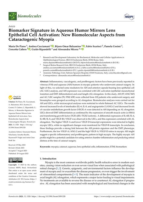 Pdf Biomarker Signature In Aqueous Humor Mirrors Lens Epithelial Cell Activation New