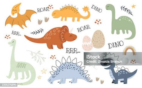 귀여운 공룡이 있는 벡터 드로잉 세트입니다 어린이를 위한 공룡 만화책 캐릭터 디자인 인쇄물 의류 포스터 교육 엔터테인먼트 고대의에 대한 스톡 벡터 아트 및 기타 이미지
