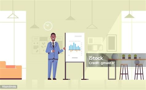 사업가 플립 차트 아프리카 계 미국인 사업가 에 금융 그래프를 제시 프리젠 테이션 개념 현대 공동 작업 센터 사무실 인테리어 수평 전체 길이 가구에 대한 스톡 벡터 아트 및