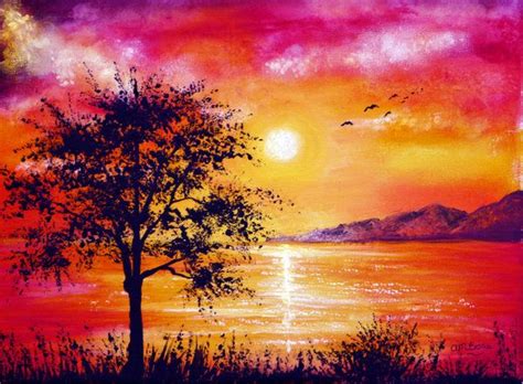 Spectacular Sunset Painting With Trees And Birds