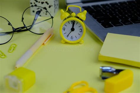 Home Office Workspace Mockup With A Notebook On Yellow Background Stock