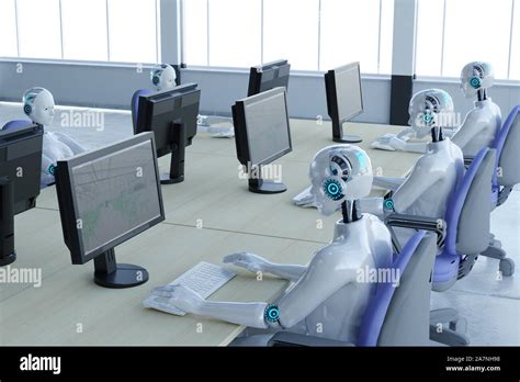 3d Rendering Robot Working In Office With Augmented Reality Display