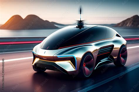 Aerial Drone After A Futuristic 3d Concept Car Autonomous Self Driving Car Moving On A City