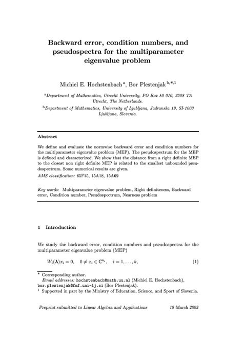 Pdf Backward Error Condition Numbers And Pseudospectra For The Multiparameter Eigenvalue Problem