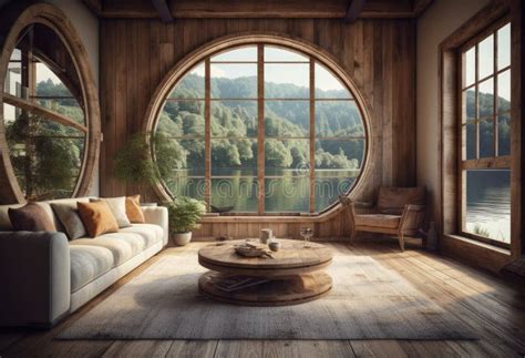 Beautiful Rustic Cottage With Wooden Walls And Ceilings Big Window With Vue On Lake And Forest