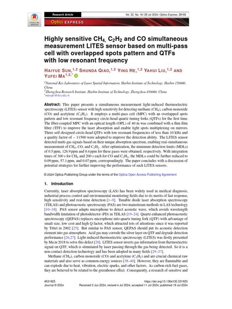 Highly Sensitive Ch4 C2h2 And Co Simultaneous Measurement Lites Sensor Based On Multi Pass Cell
