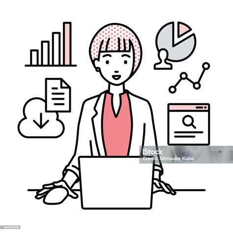 웹 사이트 검색 클라우드에서 파일 공유 분석 및 책상에서 보고서를 만들기 위해 랩톱 컴퓨터를 사용하여 작업 재킷 스타일의 여성 검색에 대한 스톡 벡터 아트 및 기타 이미지