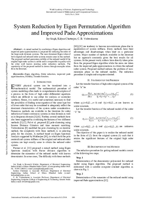 Pdf System Reduction By Eigen Permutation Algorithm And Improved Pade