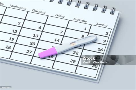 가족 개념입니다 출산 계획 배란일 긍정적인 결과입니다 달력에 두 개의 줄무늬가 있는 임신 테스트기 3d 렌더 0명에 대한 스톡