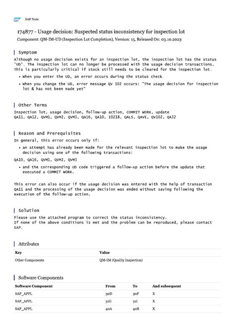 Usage Decision Suspected Status Inconsistency For Inspection Lot Pdf