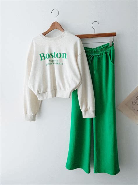 세트가격 Boston 레터링 프린트 맨투맨티셔츠 컬러 밴딩 일자바지 와이드팬츠 투피스 데일리 꾸안꾸 트레이닝복세트 엠티룩 수학여행 체육대회 운동복 추리닝세트 에이블리