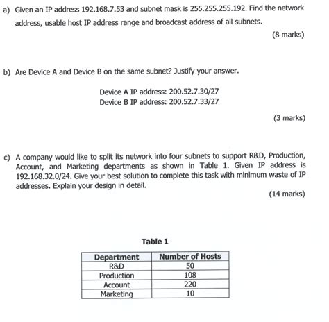 Solved A Given An Ip Address 192 168 7 53 And Subnet Mask