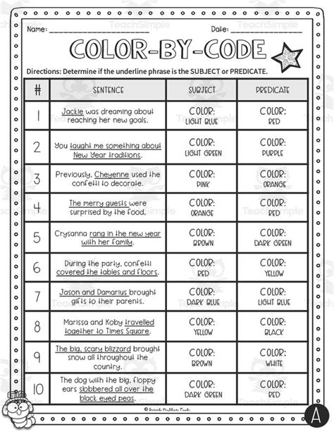 Subject Predicate New Year Color By Code Worksheets Subject And