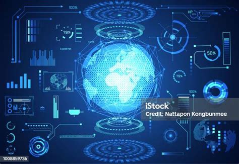 추상적인 기술 디지털 데이터 차트 통신 및 원 활력 혁신의 Ui 미래 개념 세계 Hud 인터페이스 홀로그램 요소에 안녕 기술 미래 디자인 배경 과학에 대한 스톡 벡터 아트