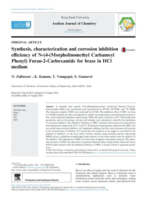 Pdf Synthesis Characterization And Corrosion Inhibition · Synthesis Characterization And