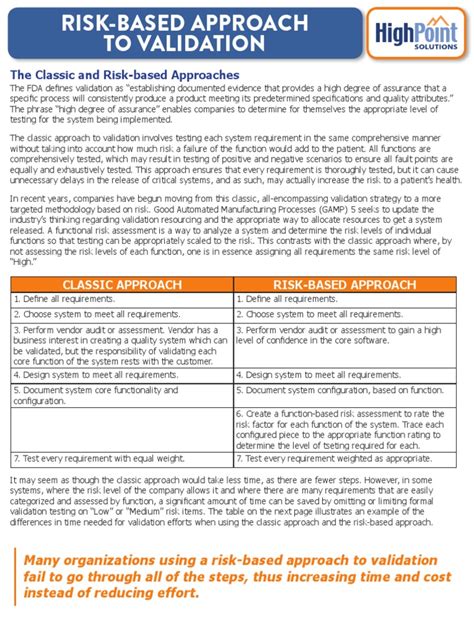 Risk Based Approach To Validation Risk Verification And Validation