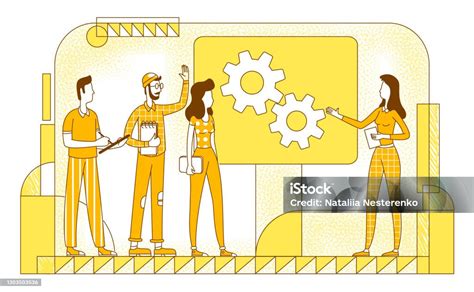 프로젝트 프리젠 테이션 플랫 실루엣 벡터 일러스트 회사 직원은 노란색 배경에 문자를 간략하게 설명합니다 비즈니스 미팅 기업 기획