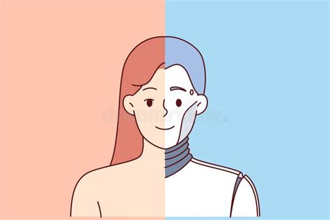 Cyborg Woman With Human And Robotic Face Simultaneously Symbolizes Synergy Between Man And Ai