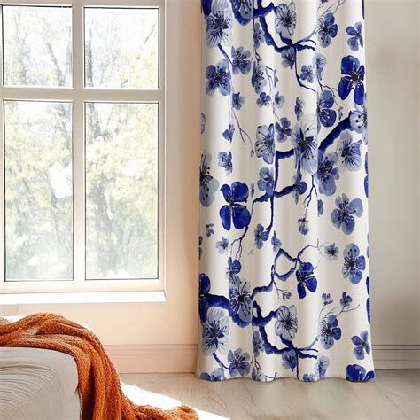 Blue Floral Pattern Curtain Bird Curtain Panel Botanical Window
