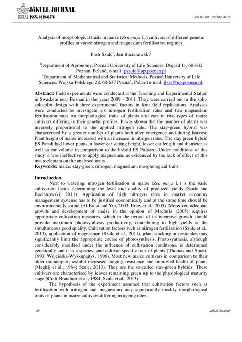 Pdf Analysis Of Morphological Traits In Maize Zea Mays L Cultivars