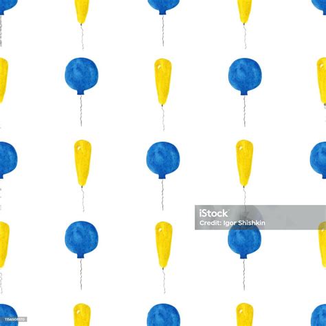 길쭉한 노란색과 구형 파란색 풍선 세트의 수채화 그림입니다 포장지 섬유 직물에 인쇄하기위한 원활한 패턴 개체 그룹에 대한 스톡 벡터 아트 및 기타 이미지 Istock