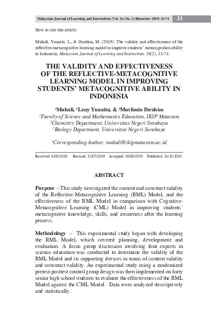 Pdf The Validity And Effectiveness Of The Reflective Metacognitive Learning Model To Improve