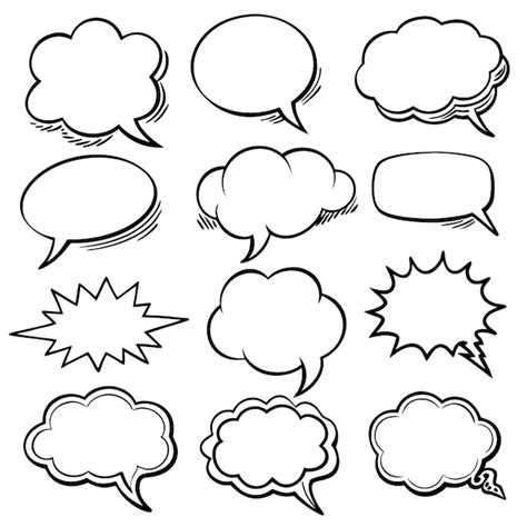 A Set Of 12 Different Cartoon Style Speech Bubbles In Black Outline