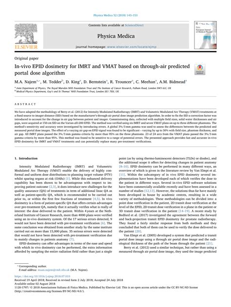 PDF In Vivo EPID Dosimetry For IMRT And VMAT Based On Through Air Predicted Portal Dose Algorithm