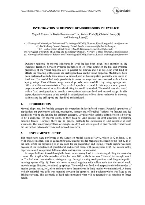 Pdf Investigation Of Response Of Moored Ships In Level Ice