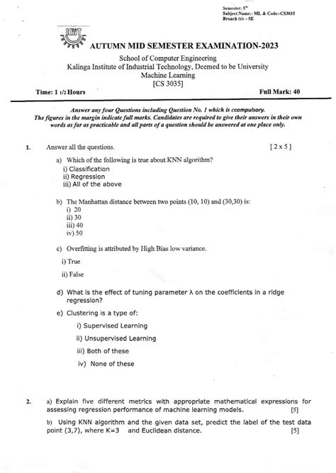 5th Semester B Tech Csse Machine Learning Cs 3035 Autumn Mid Semester Examination 2023